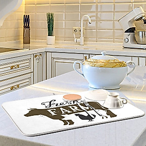 Kcldeci Dish Mat Dish Drying Mat for Kitchen, Kitchen Drying Pad Farmhouse Dish Drainer Rack Farm Cow Rooster Cock Drying Mat 16 X 18 Inch