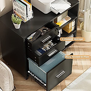 Shahoo 3 Drawer Filing Cabinet, Mobile Lateral Printer Adjustable Open Storage Shelf, Lockable Wheels for Home Office, Dark Black
