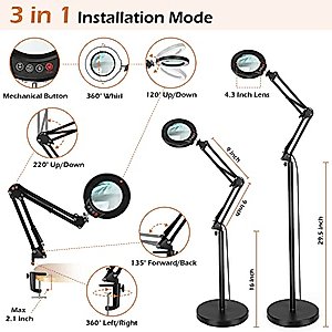 5X Magnifying Glass with Light and Stand, Krstlv LED 5 Color Modes, Stepless Dimmable Magnifying Floor Lamp, 3-in-1 Adjustable Swing Arm Lighted Magnifier Lamp with Clamp for Reading, Craft, Esthetic