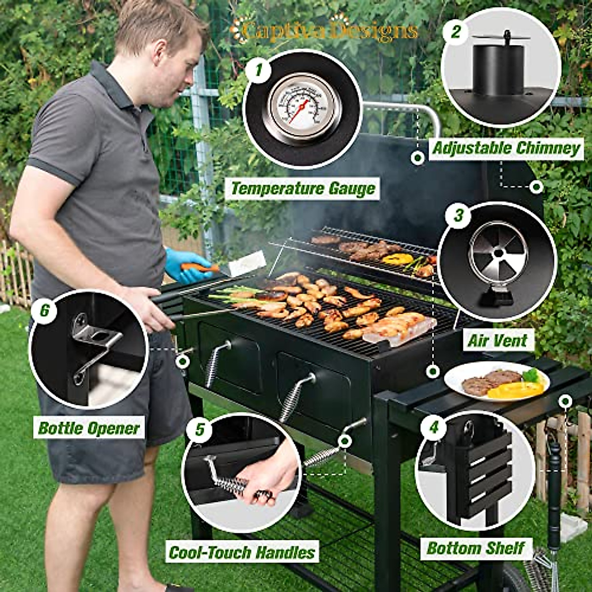 Captiva Designs Extra Large Charcoal BBQ Grill with Oversize Cooking Area(794 sq.in.), Outdoor Cooking Grill with 2 Individual Lifting Charcoal Trays and 2 Foldable Side Tables