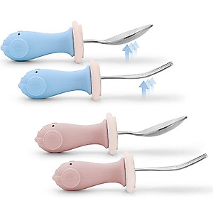 CAROMOLLY Toddler Utensils, Toddler Fork and Spoon Set Stainless Steel Toddler Silverware Set with Suction and Anti-Dropping Chain, Baby Utensils with Case On-The-Go 2 Pcs Blue