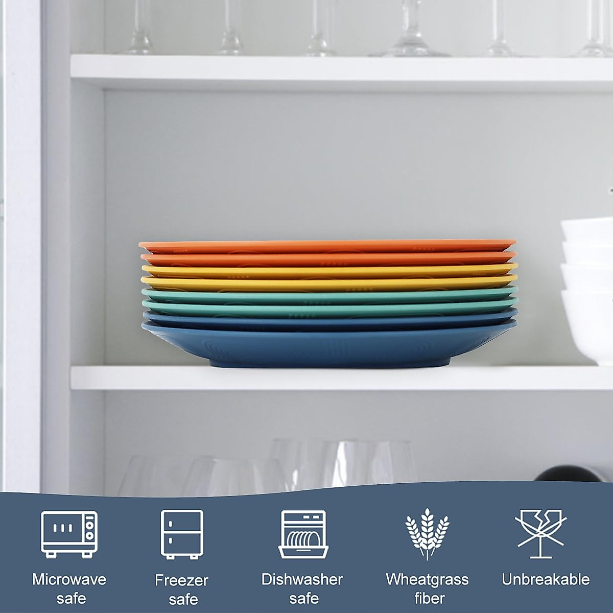 Flat Dinner Plates Set of 8 Alternative for Plastic Plates Microwave and Dishwasher Safe Wheat Straw Plates for Kitchen Unbreakable Kids Plates with 4 Colors (Multi,10 inch)