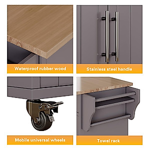 Tornama Kitchen Storage Island, Wooden Rolling Kitchen Island On Wheels with Countertop, Mobile Kitchen Island Cart with Towel Rack, Spice Rack and Drawers, Grey