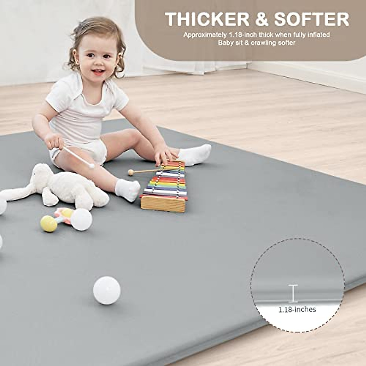 Yobear Baby Playpen Mat, 71"x 59"x 1.18“ Self-Inflating Play Mat for Babies and Toddlers, Roll Up & Waterproof Foam Crawling Mat for Floor, Portable Playmat for Babies with Travel Bag