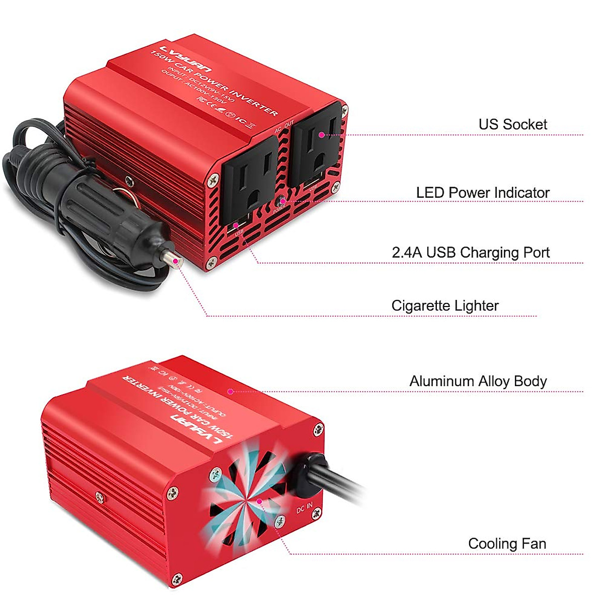 LVYUAN 150W Car Power Inverter 12V to 110V AC Car Charger Adapter with 3.1A Dual USB Car Adapter for Plug Outlet Red