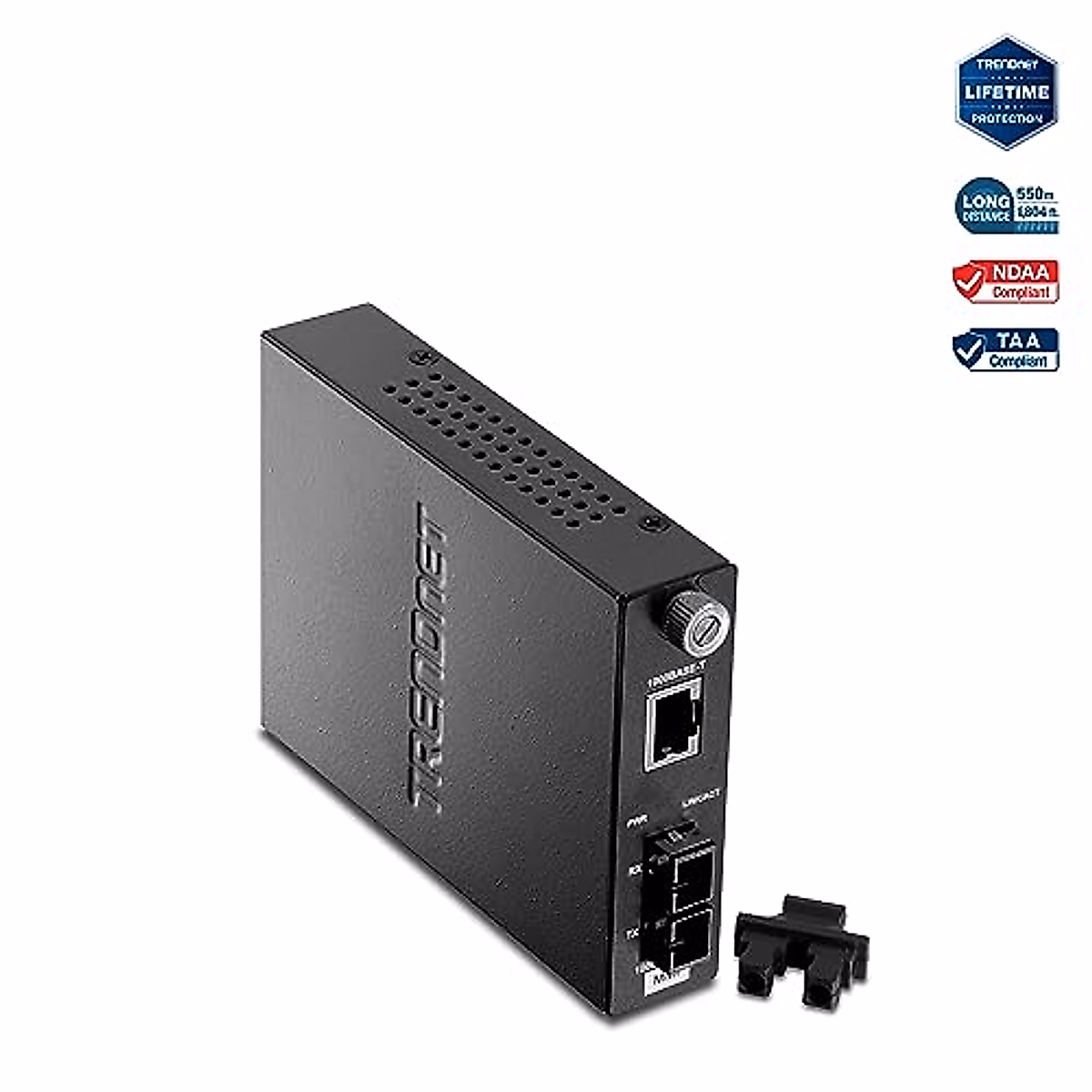 TRENDnet Intelligent 1000Base-T to 1000Base-SX Multi-Mode SC Fiber Media Converter, Up to 550M (1800 ft), Fiber to Ethernet Converter, 2Gbps Switching Capacity, Lifetime Protection, Black, TFC-1000MSC