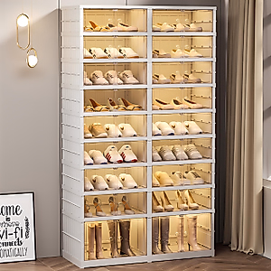 9-Tier Foldable Shoe Rack Organizer for Closet with Wheels, 36-40 Pairs Collapsible Shoe Storage Cabinet with Lids and Magnetic Clear Door, Large Capacity Stackable Shoes Boxes Shelf for Entryway