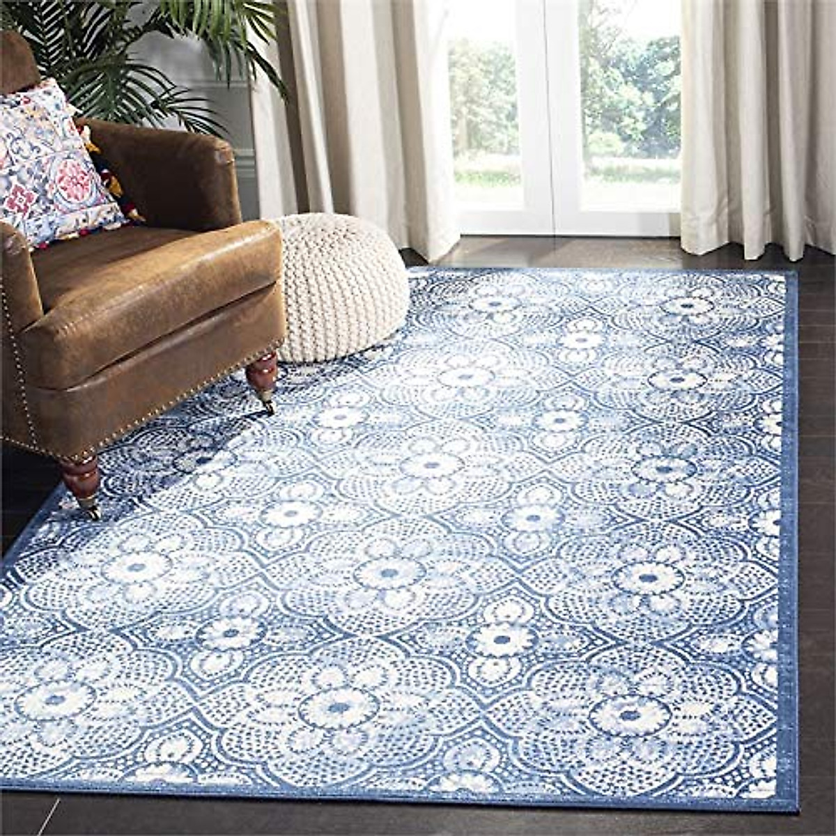 SAFAVIEH Brentwood Collection 8' x 10' Navy / Cream BNT862N Floral Distressed Non-Shedding Living Room Bedroom Dining Home Office Area Rug