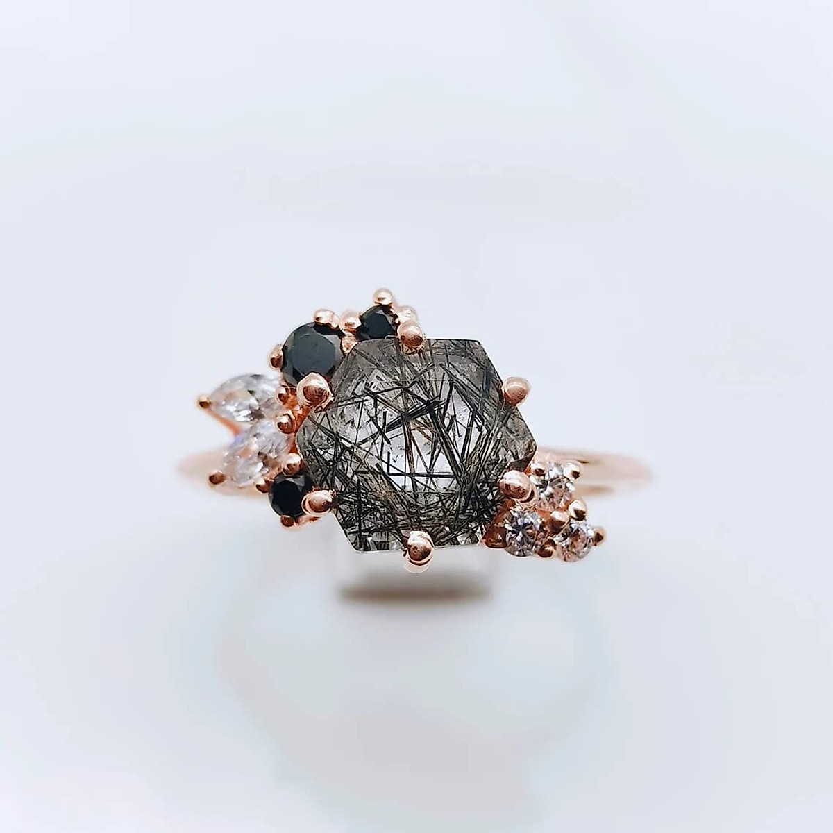 Rings For Women Hexagon Cut Black Rutilated Quartz Ring Vintage Unique Ring Marquise Cluster Black Spinel, Gift Beautiful Wedding Ring BY FOREVER GEMS & JEWELS, Rose Gold,White,Silver