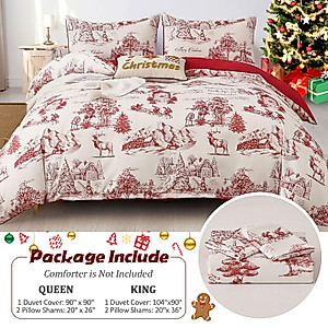 Christmas Duvet Cover King Size, Duvet Cover Set 3 Pieces Soft Microfiber Red Bedding Set Christmas Theme Reindeers Santa Claus Christmas Trees Pattern Comforter Set (104"x90")(Not Comforter)