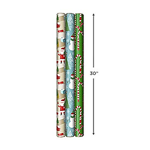 Hallmark Reversible Christmas Wrapping Paper (3 Rolls: 120 sq. ft. ttl) Rustic Santa, Papercraft Snowmen, Candy Canes, Stripes, Snowflakes, "Merry Christmas to You"