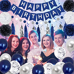 Birthday Decorations for Men,Blue Birthday Party Decorations for Boys with Happy Birthday Banner,Hanging Swirl,Circle Dots Garland,Tissue Pompoms,Tassels Garland for Birthday Party