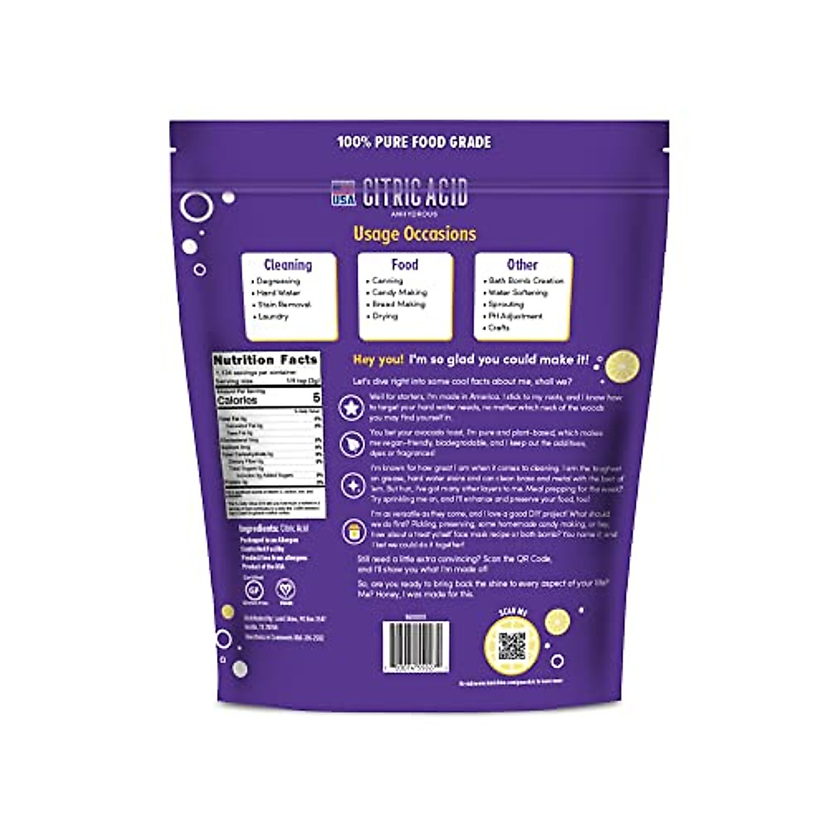 Lemi Shine 100% Citric Acid 5 Pound Bag l Pure Food-Grade Flavor Enhancer & All-Natural Preservative | Fragrance Free Citric Acid for Bath Bombs, Cooking, Canning, & Homemade Cleaning Supplies