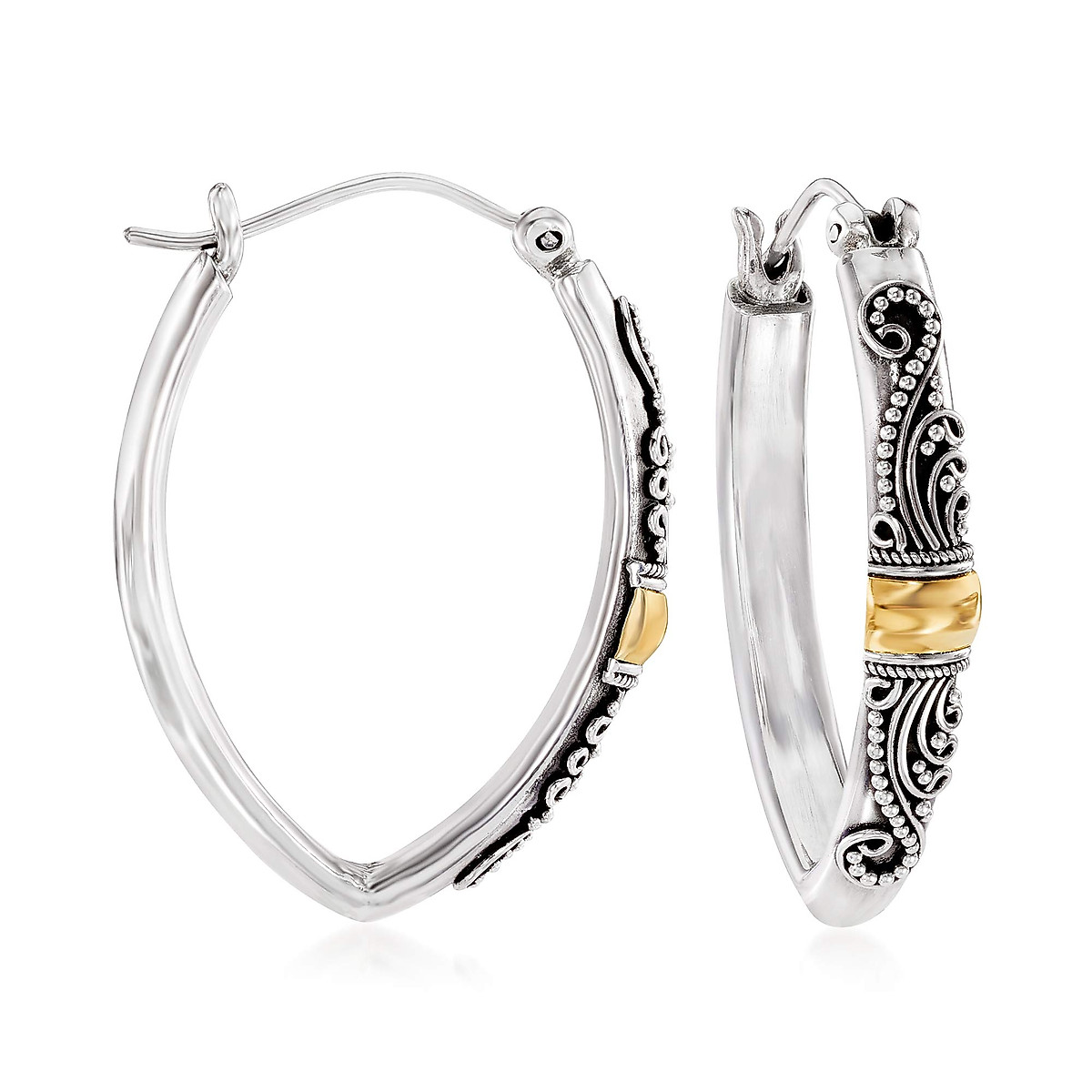 Ross-Simons Sterling Silver Bali-Style Hoop Earrings With 18kt Yellow Gold