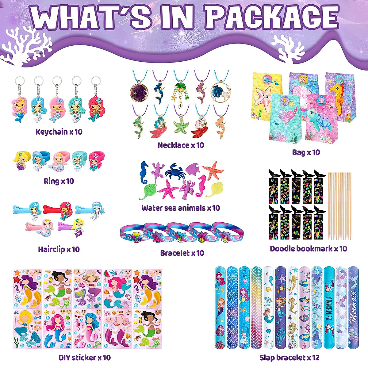 DMIGHT Mermaid Party Favors, 100 Pcs Mermaid Birthday Party Supplies, Baby Shower Goodie Bag Fillers Mermaid Party docorations