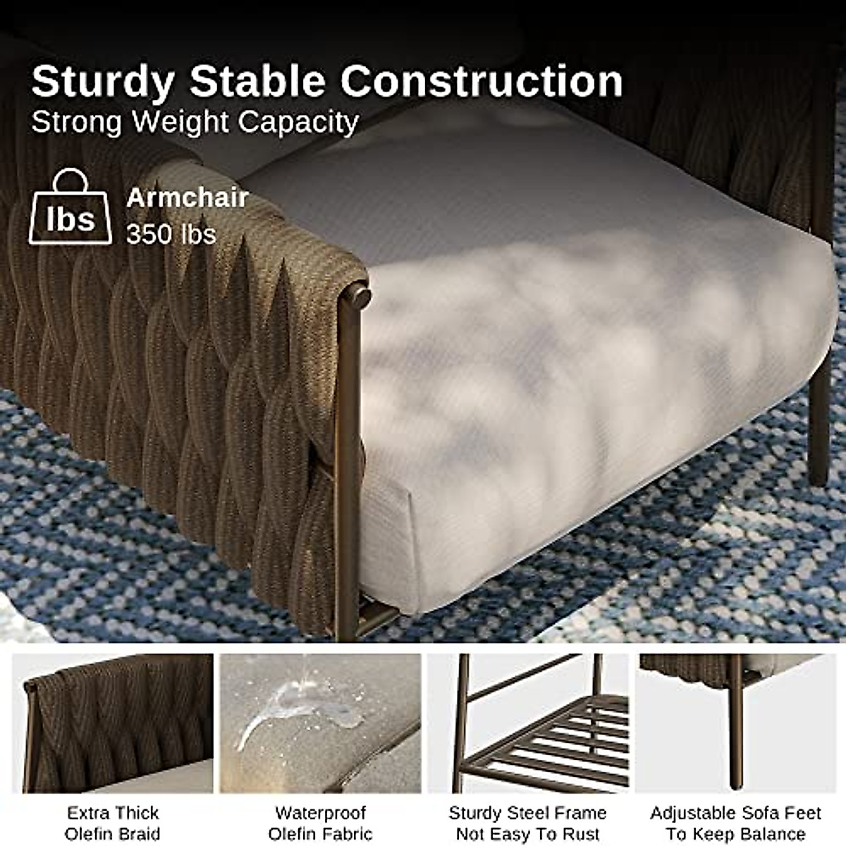 EAST OAK 3 Pieces Patio Furniture Set, Armchairs with Coffee Table, Outdoor Furniture with Thick Cushion, Modern Furniture Deep Seating for Garden Porch, Chestnut Brown & Creamy Apricot