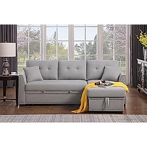 Generic Sleeper Sofa, Sofa Bed- 2 in 1 Pull Out Couch Bed with Storage Chaise with 2 Pillows for Living Room, Linen Fabric Sofa Sleeper with Pull Out Bed Couch,Light Grey