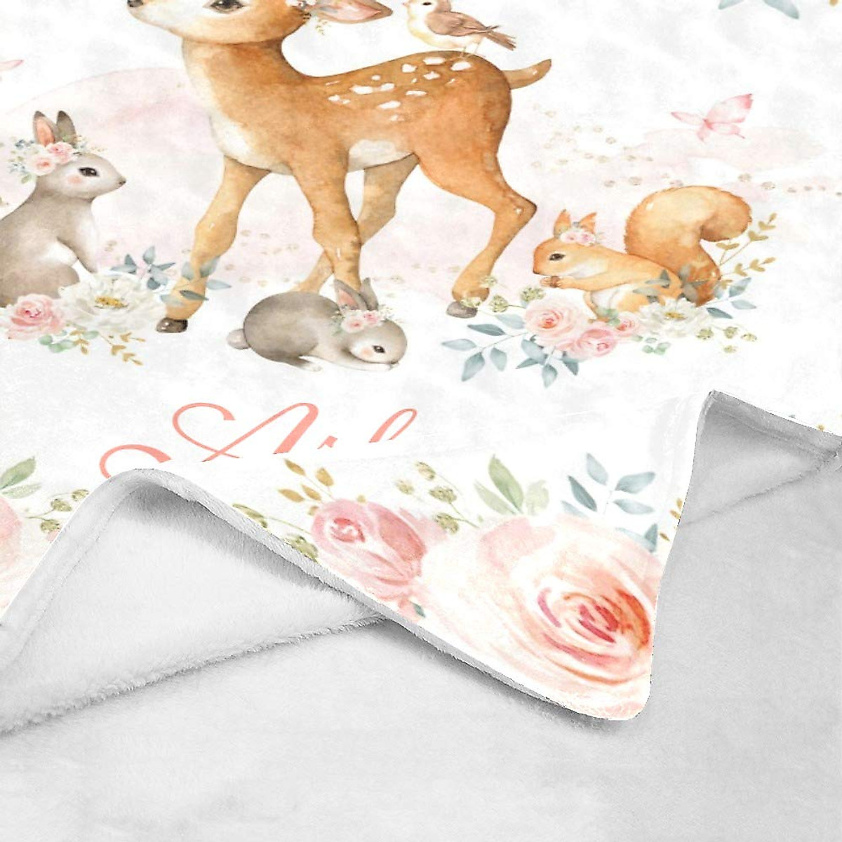 Yeshop Deer Bunny Floral Pink Woodland Personalized Receiving Baby Blankets for Girls Boys with Name,Customized Swaddle Blankets Gift for Newborn Crib Infants 30x40 Inches