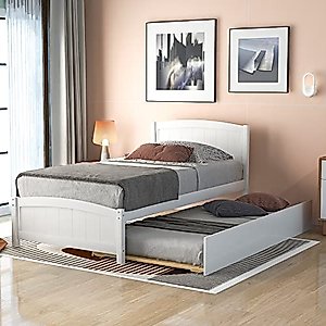 Rockjame Twin Platform Bed with Trundle, Minimalistic Stylish Wood Bed Frame, Easy to Install (White)