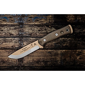 Tops Knives Fieldcraft by Brothers of Bushcraft Coytoe Tan Full Tage Fixed Blade- Coyote Tan Coating Finish- Coyote Tan Kydex Sheath w/Rotating Spring Steel (Green Canvas Micarta Handle)