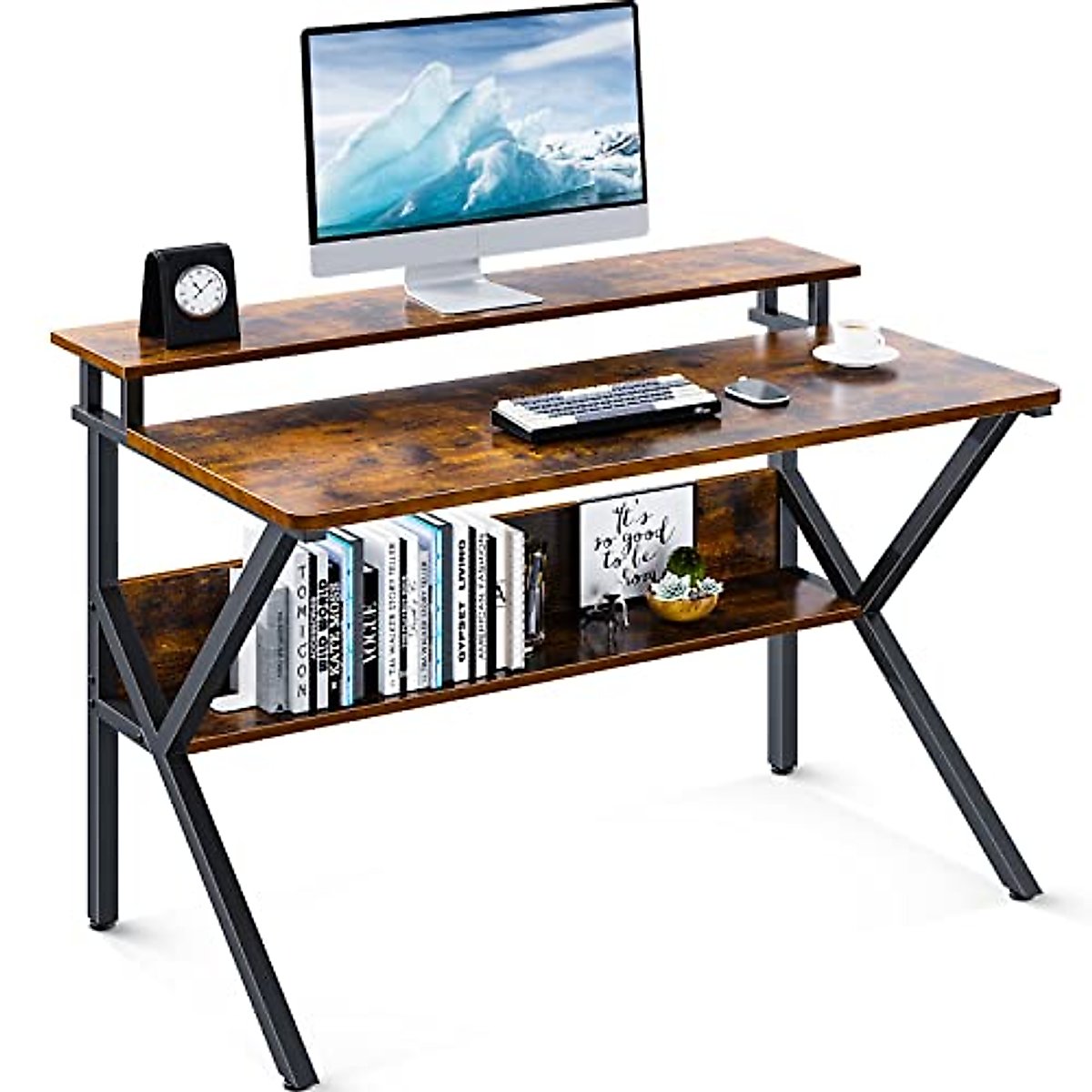 ODK Small Desk, 39 Inch Small Computer Desk for Small Spaces, Compact Desk with Storage, Tiny Desk Study Desk with Monitor Stand for Home Office, Rustic Brown