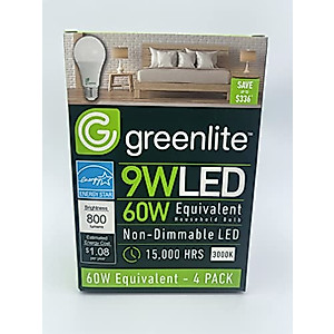 Greenlite 4 Pack 9W LED 60W Equivalent, Non-Dimmable Light Bulb