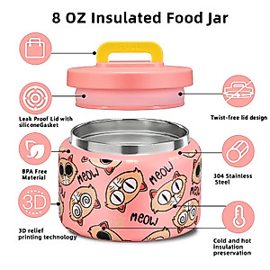 JXXM 8 Oz Thermo Food Jar for Hot & Cold Food for Kids Insulated Lunch Containers Hot Food Jar,Leak-Proof Vacuum Stainless Steel Wide Mouth Lunch Soup thermo for School,Travel (Pink-Cartoon Cat) 1pc