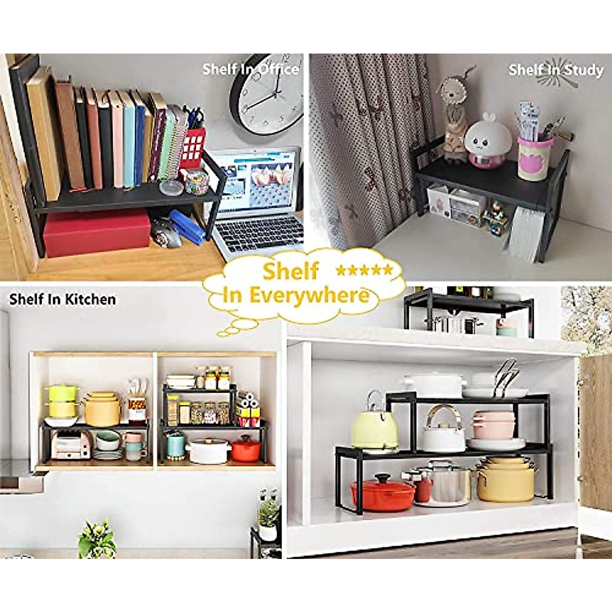 Urhomey plus Expandable Cabinet Shelf 16~26"(L), Stackable Kitchen Counter Shelf Organizer, 22LBS Heavy Duty Shelf Riser, Countertop Storage Pantry Shelf, Durable Metal Sink Shelf (Black)