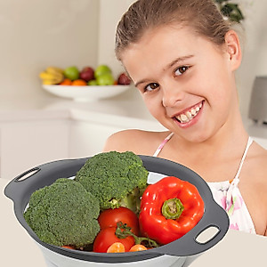 Round Silicone White Colander Collapsible – Foldable White Kitchen Strainer Small Collapsible Colander with Plastic Handles for Draining Vegetable and Fruit Silicone Kitchen Strainer for Pasta