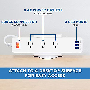 Mount-It! Power Strip Holder Clamp Desk Mount with Included Surge Protector | White Desktop Power Outlet with 3 USB Ports and 3 AC Power Outlets | Adjustable Power Strip Clamp Mount