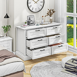 biukpci White 6 Drawer Dresser for Bedroom, Modern Chest of Drawers with Deep Drawers, Wood Double Dresser for Storage Clothes