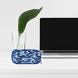 Camo Pencil Case Box, Large Capacity Blue Pencil Bag Pouch Marker Organizer with 2 Compartments & Durable Zipper, Cool Stationary for Primary Middle High School College Office