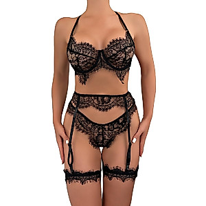 Lilosy Women Sexy Underwire Push Up Sheer Garter Belt Lingerie Set Floral Lace See Through Bra and Panty 3 Piece Eyelash Halter Black Medium