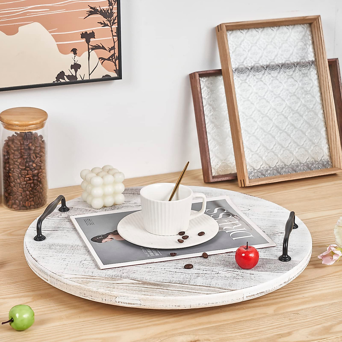 Wooden Lazy Susan for Table Turntable Organizer 18 Inch Large Lazy Susan Whitewashed Wood Serving Tray for Pantry Cabinet Countertop Round Spins Balanced Pine Spice Rack for Kitchen Essentials Storage