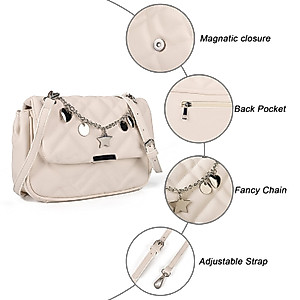 LAVTUG Quited Crossbody Bags for Women Fashion Shoulder Purse with Metal Chain Ladies Handbag with Adjustable Strap White