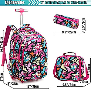 Egchescebo Girls Rolling Backpacks with Wheels 3PCS Feather Backpack Set for School Wheeled Luggage Suitcase Lunch Box Pencil Case Large Capacity Bookbag Adjustable Trolley for Elementary Travel Red
