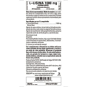 Solgar L-Lysine 1000 mg, 250 Tablets - Enhanced Absorption and Assimilation - Promotes Integrity of Skin and Lips - Collagen Support - Amino Acids - Non-GMO, Vegan, Gluten Free - 250 Servings