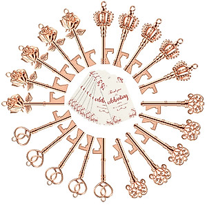 60 Pieces Key Bottle Opener with 60 Pieces Tag Rose Gold Skeleton Key Bottle Opener 4 Styles Include Crown, Heart, Sun Flower and Rose with 6 Rolls Ribbons for Wedding Bridal Shower Party Favor Gifts