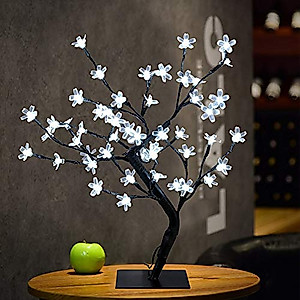 Lxcom Lighting LED Cherry Blossom Bonsai Tree 18” 48 LEDs Plug-in Desk Top Bonsai Lighted Tree Artificial Crystal Flower Light Table Lamp Adjustable Black Branches for Party Wedding Home Decor, White