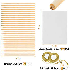 MGWOTH Candy Apple Bags and Sticks Set of 50, Caramel Apple Wrapping Kit with Bamboo Skewer for Rice Krispie Treat, Fruit Pop Golden Glitter Ribbon Wrapper for Party Birthday Wedding Christmas Dessert