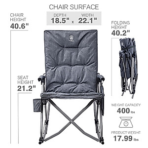 EVER ADVANCED Oversized Folding Rocking Camping Chair, Padded Portable Rocker Chair for Patio, Lawn and Outdoors, Heavy Duty Hard Armchair for Adults Supports 400lbs, Grey