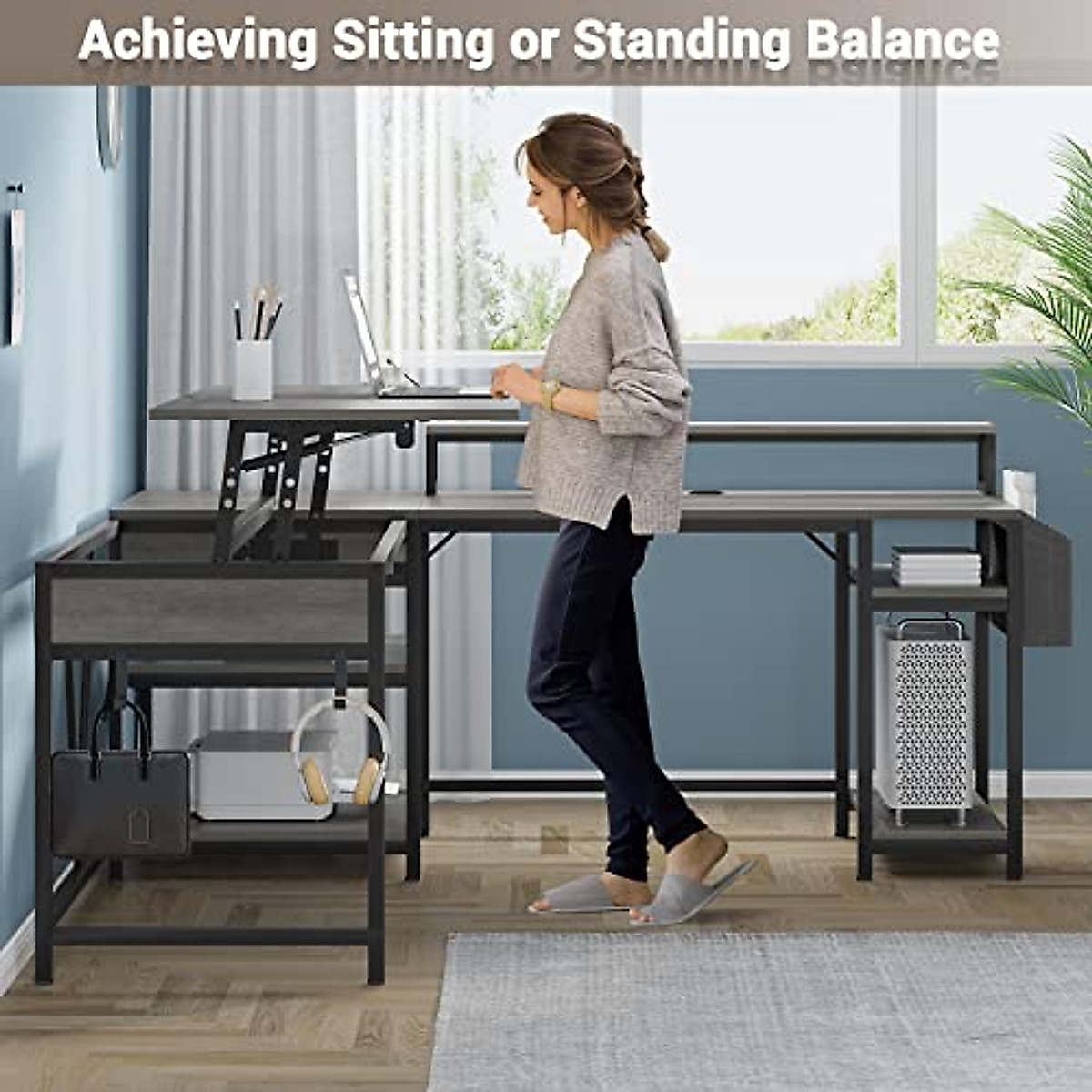 SEDETA L Shaped Desk with Lift Top, 98.4" Computer Desk, Standing Desk Adjustable Height with Storage Shelves, Monitor Stand, and Headphone Hooks for Home Office, Ivory Grey