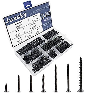 Juasky 240pcs #4#6#8#10 Black Wood Self Tapping Screws, 7 Sizes Bugle Head Metal Screw Set, Long Screw Assortment Kit with Organizer for Drywall,Wood, Deck, Cabinet