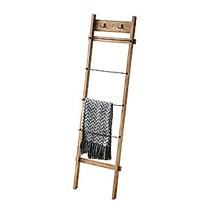 iltokk Wooden Blanket Ladder: 6ft Wall Leaning Blanket Ladder, Rustic Decorative Quilt Ladder, 4-Tier Farmhouse Blanket Ladder with 2 Hanging Hooks, for Bedroom, Brown
