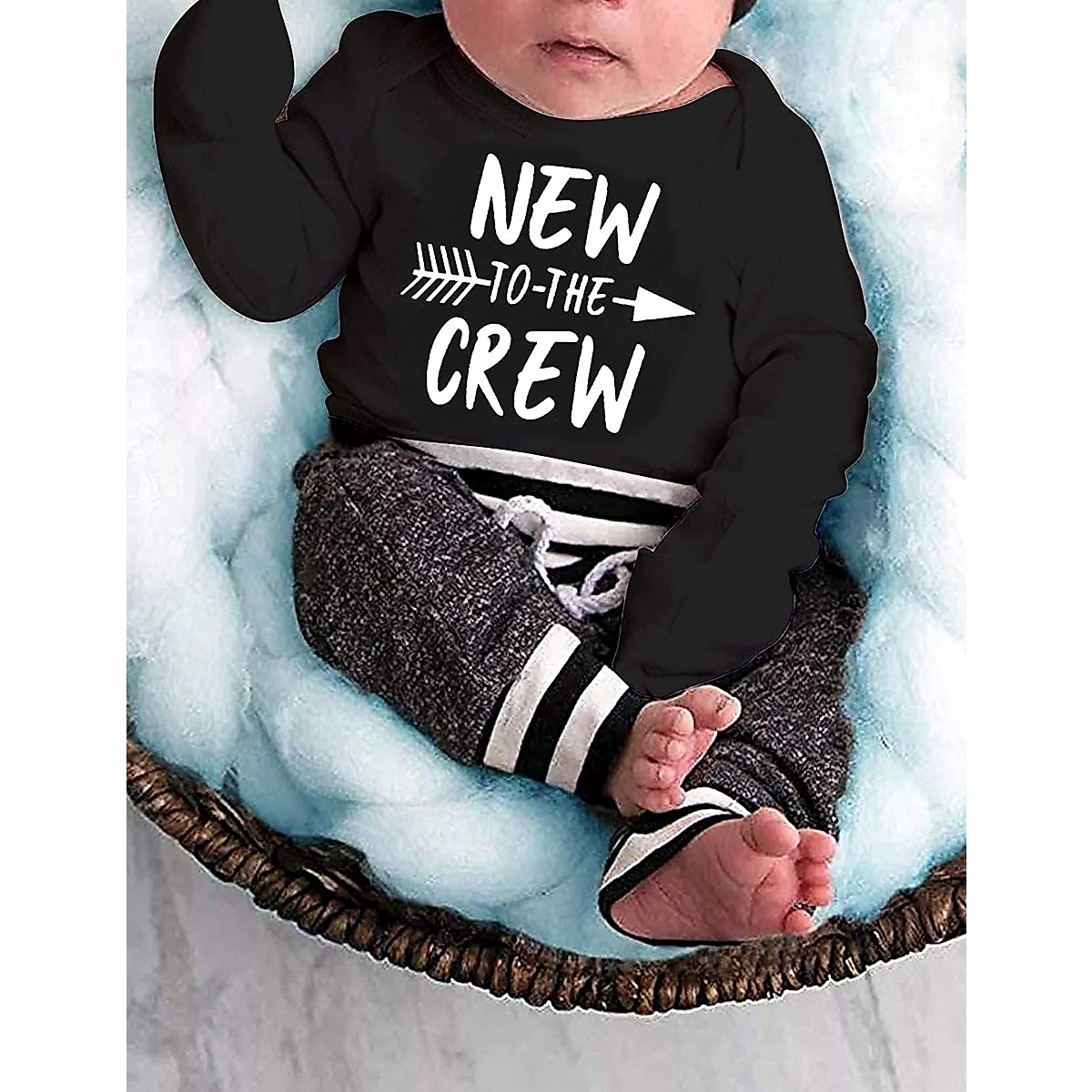 Kulcerry Infant Baby Boy Clothes New to The Crew Letter Print Long Sleeve Romper + Pants + Hat 3PCS Outfits Set（Black, 0-3 Months