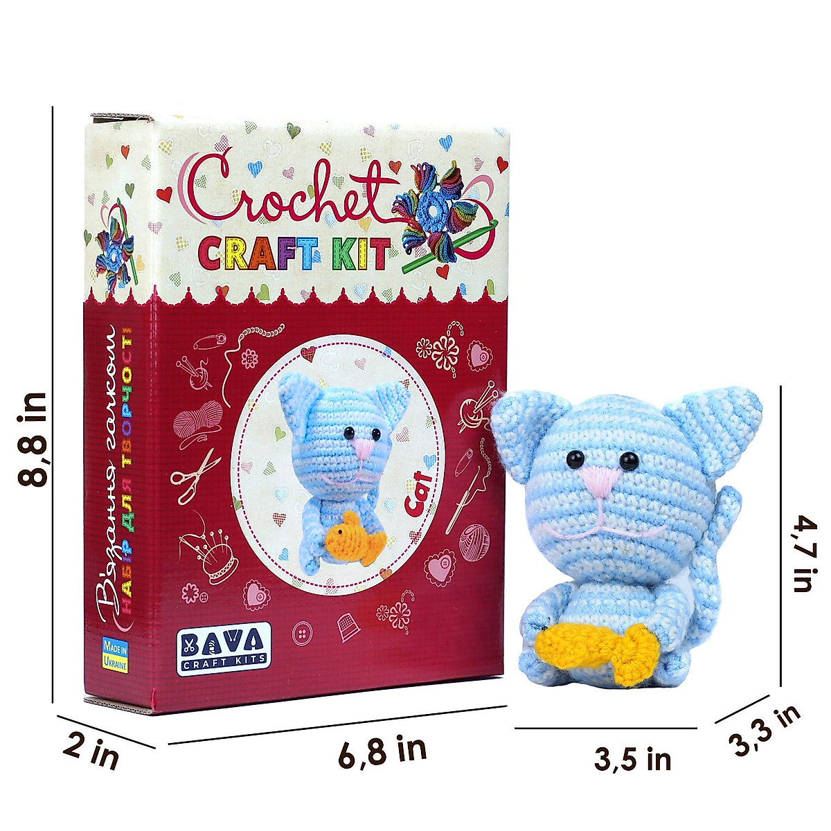 Crochet Stuffed Animal CAT DIY Kit, Beginner Craft kit for Teens and Adults, All Materials Included, Detailed Instructions with 45 Pictures, Hypoallergenic Yarn