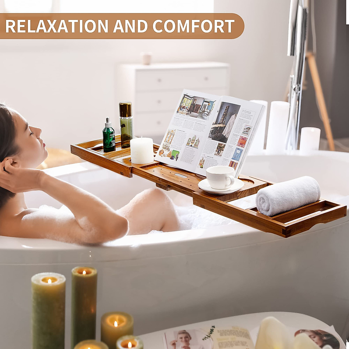 Axeman Teak Bathtub Tray - Bathtub Caddy for Luxury Bath Foldable Bath Tray Bath Tub Accessories with Expandable Handles Wine Glass Phone Holder Book Stand for Home Spa Relaxing and Reading，Natural