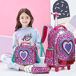 JSMNIAI Rolling Backpack for Girls Backpack with Wheels Kids Luggage for Elementary Students with Lunch Box Set Love Travel Suitcase for Girls Age 6-8