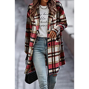 PRETTYGARDEN Women's Plaid Shacket Jacket Trendy Casual Button Wool Blend Winter Tartan Trench Coat with Pockets (Red,Large)