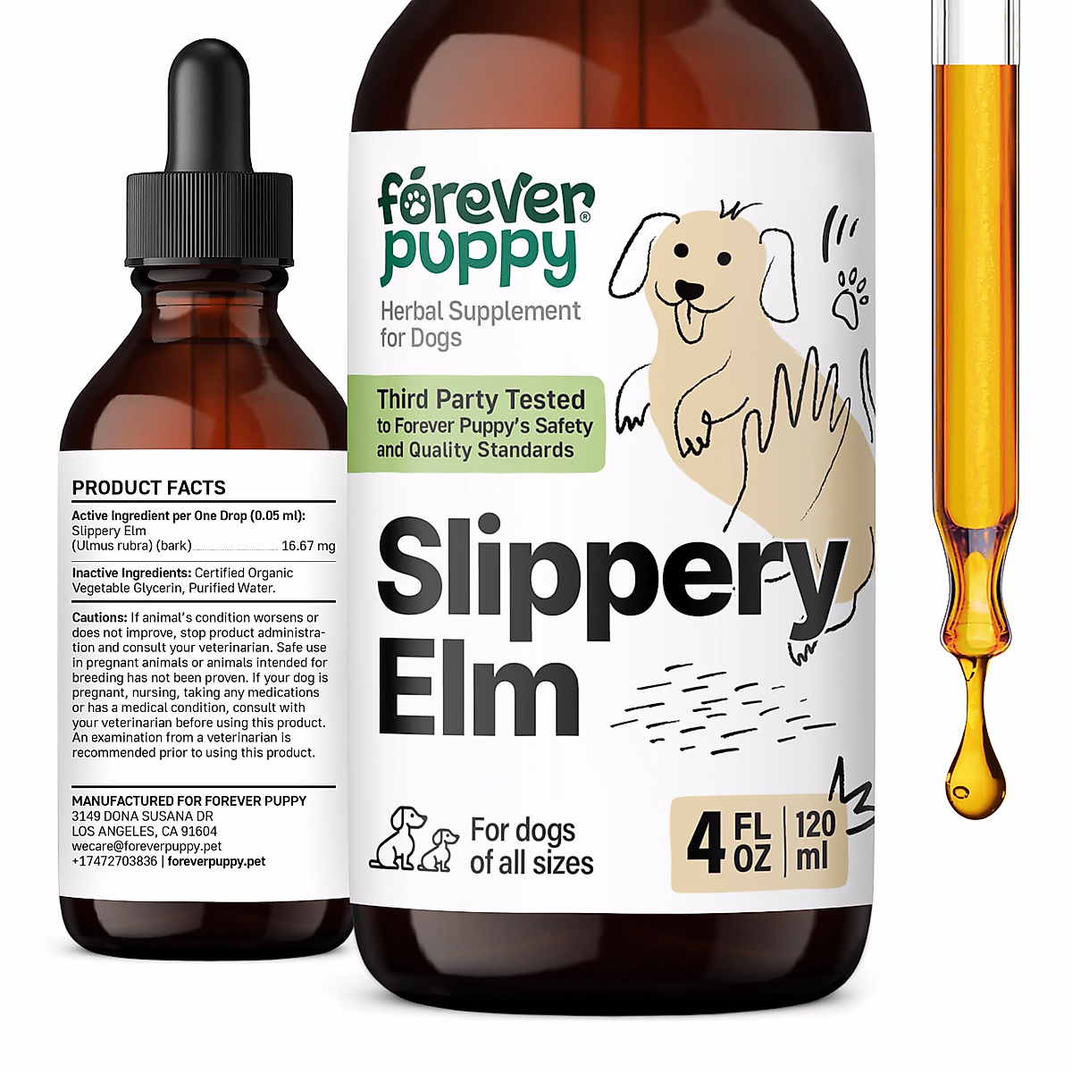 Slippery Elm Drops for Dogs - Gut Health Supplement w/Slippery Elm Bark - Soluble Fiber Digestive Drops for Dogs - Liquid Dog Vitamins and Supplements for Pet's Happy Tummy - 4 oz